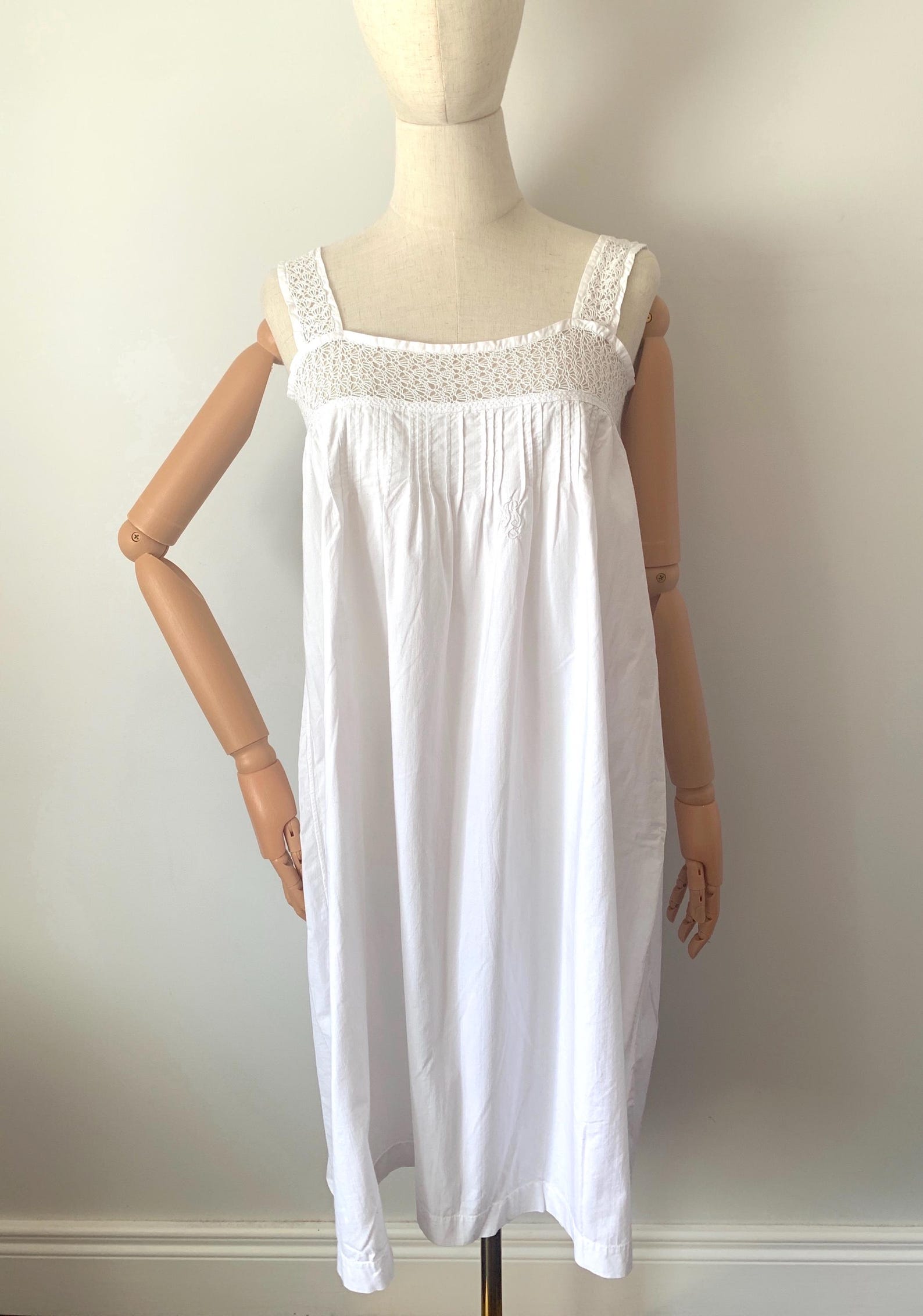 Antique French Cotton Nightgown: Crochet Lace Monogram, Sleeveless ...