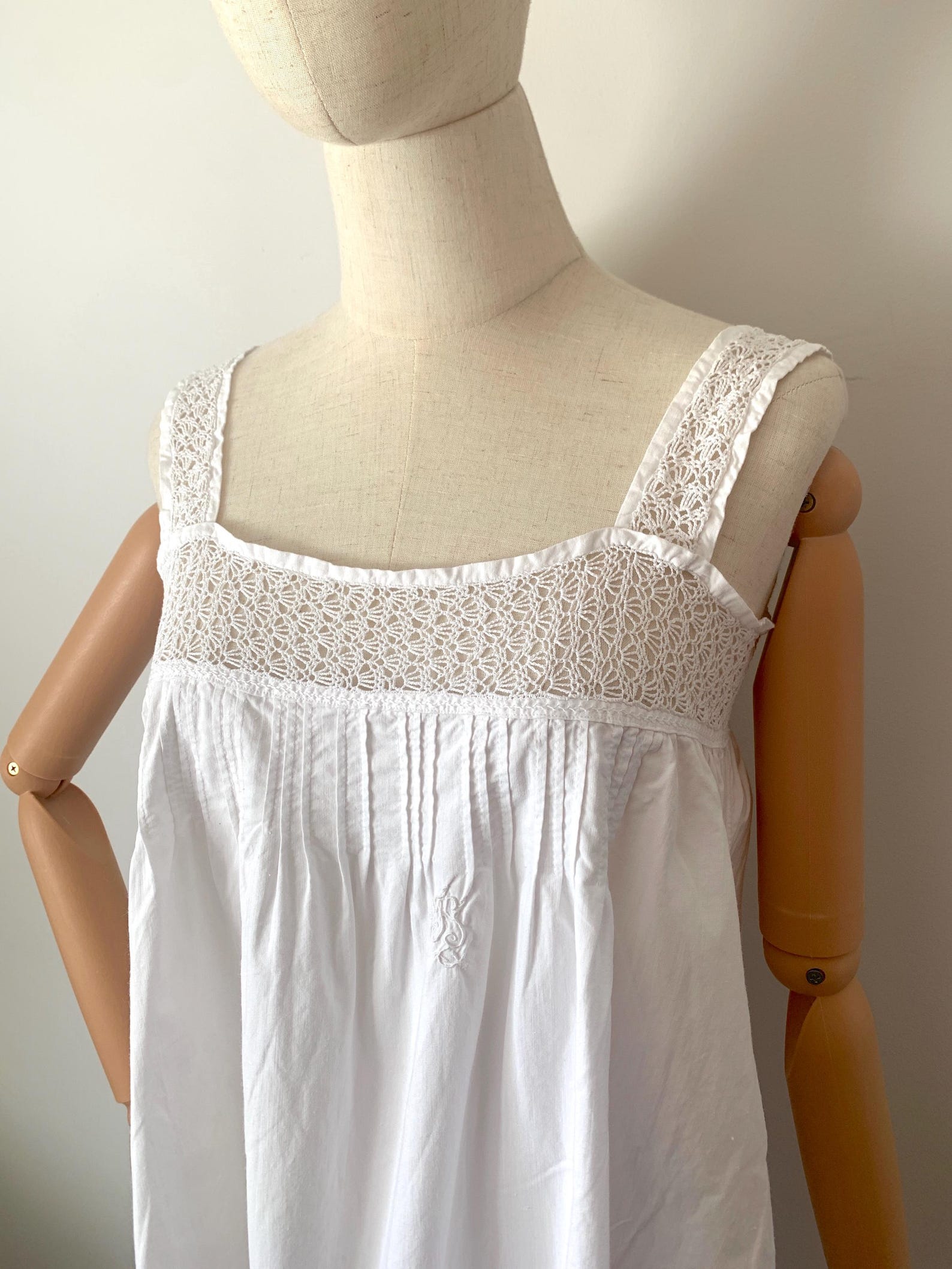 Antique French Cotton Nightgown: Crochet Lace Monogram, Sleeveless ...