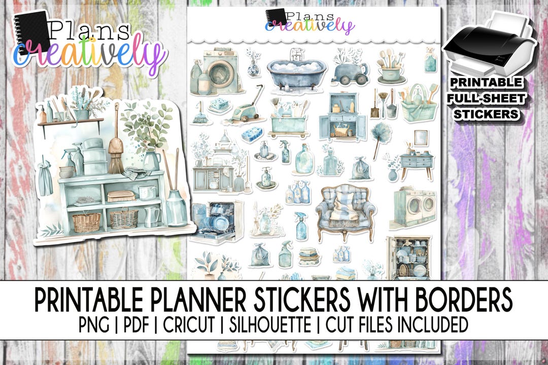 Printable Cleaning Day Blue Icon Planner Stickers | Printable Instant ...