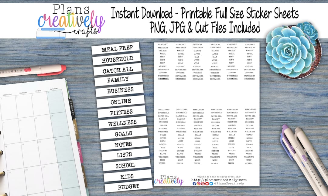 Printable Planner Tab Stickers - Divider Labels, Full Sheet (digital ...