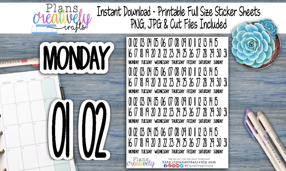 Printable Day of the Week & Number Planner Stickers - Etsy