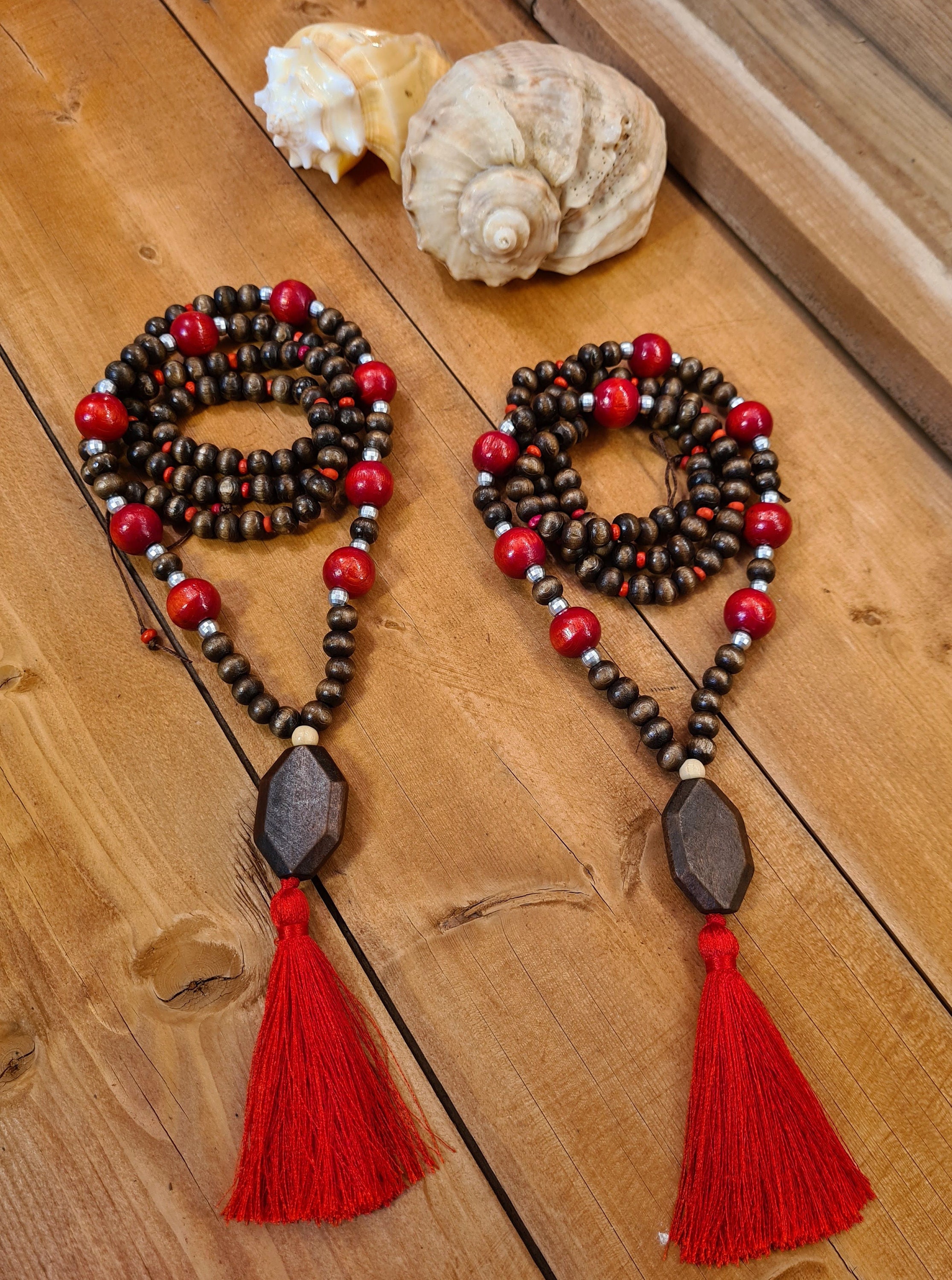 Wood Beaded Brown and Red Tassel Necklacemala Necklace Mala Tassel Necklace Wooden Bead Tassel Wood Bead Necklace Etsy