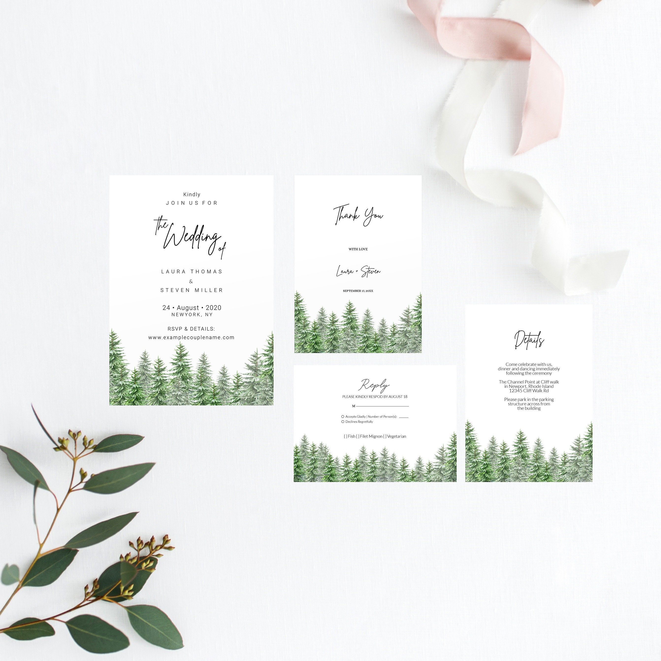 Pine Tree Wedding Bundle Templates Forest Wedding Invitation | Etsy