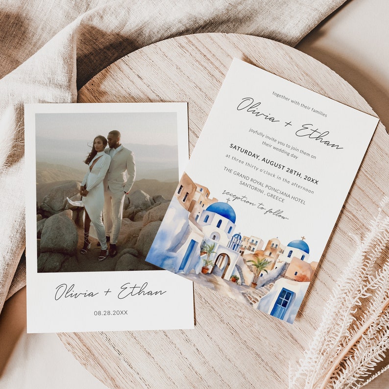 Watercolor Santorini Wedding Invitations Template, QR Code RSVP, Photo ...