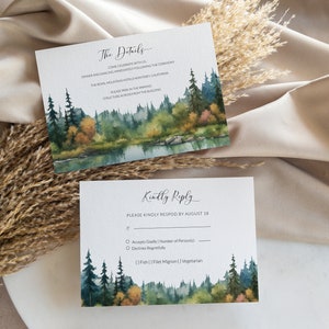 Mountain Forest Pine Tree Wedding Invitation Set Template, Details & RSVP Card, Photo Wedding ...