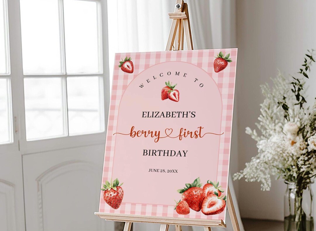 Berry First Birthday Party Welcome Sign Template, Printable Gingham ...