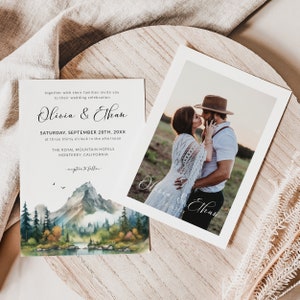 Mountain Forest Pine Tree Wedding Invitation Set Template, Details & RSVP Card, Photo Wedding ...