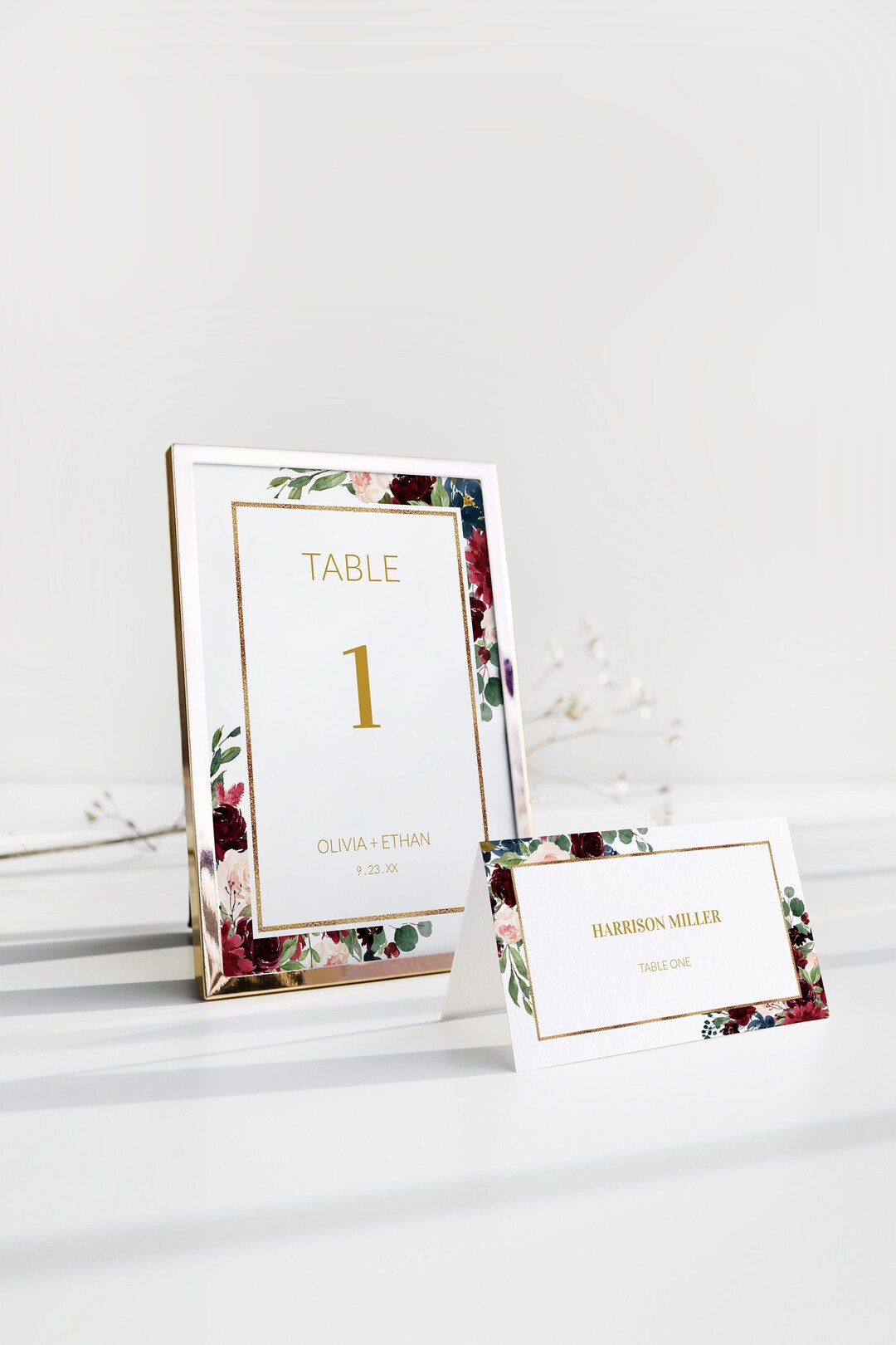 Floral Wedding Table Numbers Template, Printable Burgundy Floral & Gold ...