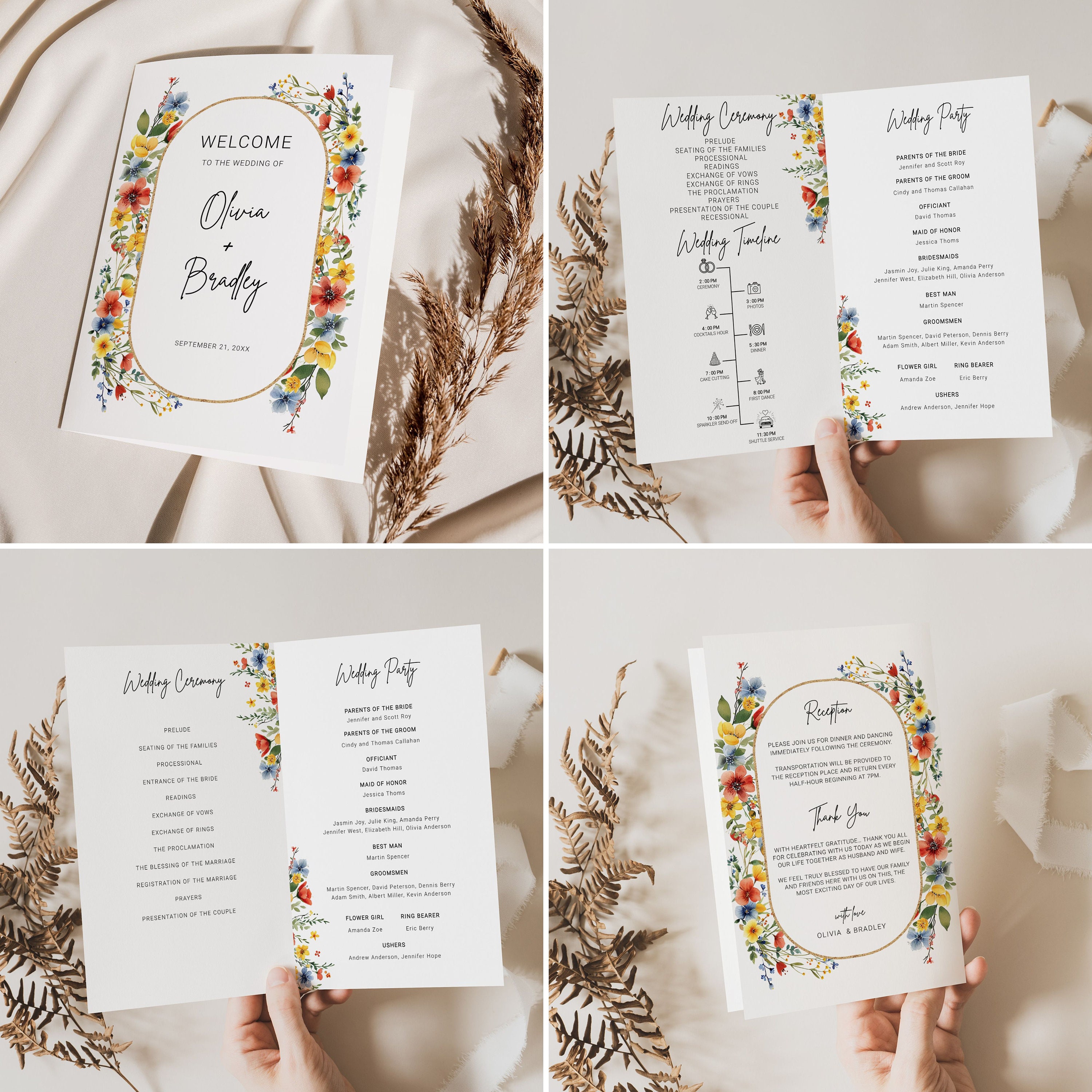 Wildflower Wedding Program & Timeline Template, Printable Garden Floral ...