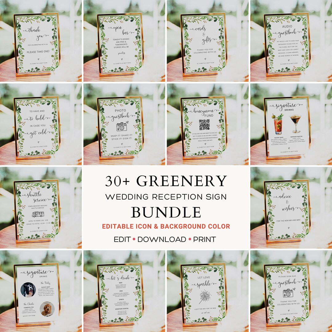 Greenery Wedding Reception Signs Templates Bundle, Printable Signature ...