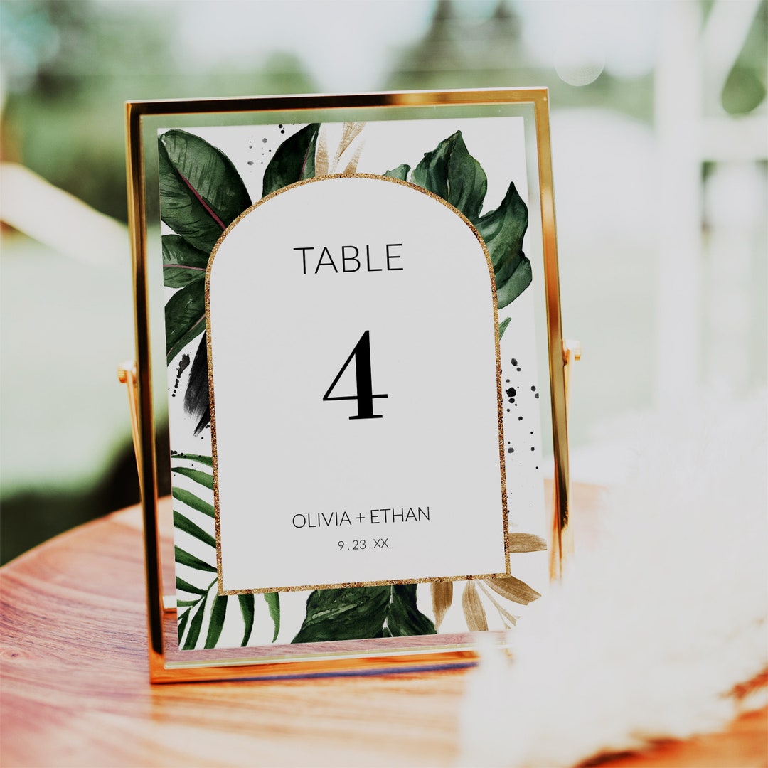 Watercolor Tropical Leaves Wedding Table Numbers Template: Arch Frame ...