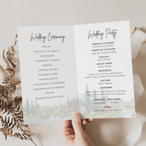 Mountain Forest Pine Tree Wedding Program & Timeline Template, Foldable Wedding Program ...