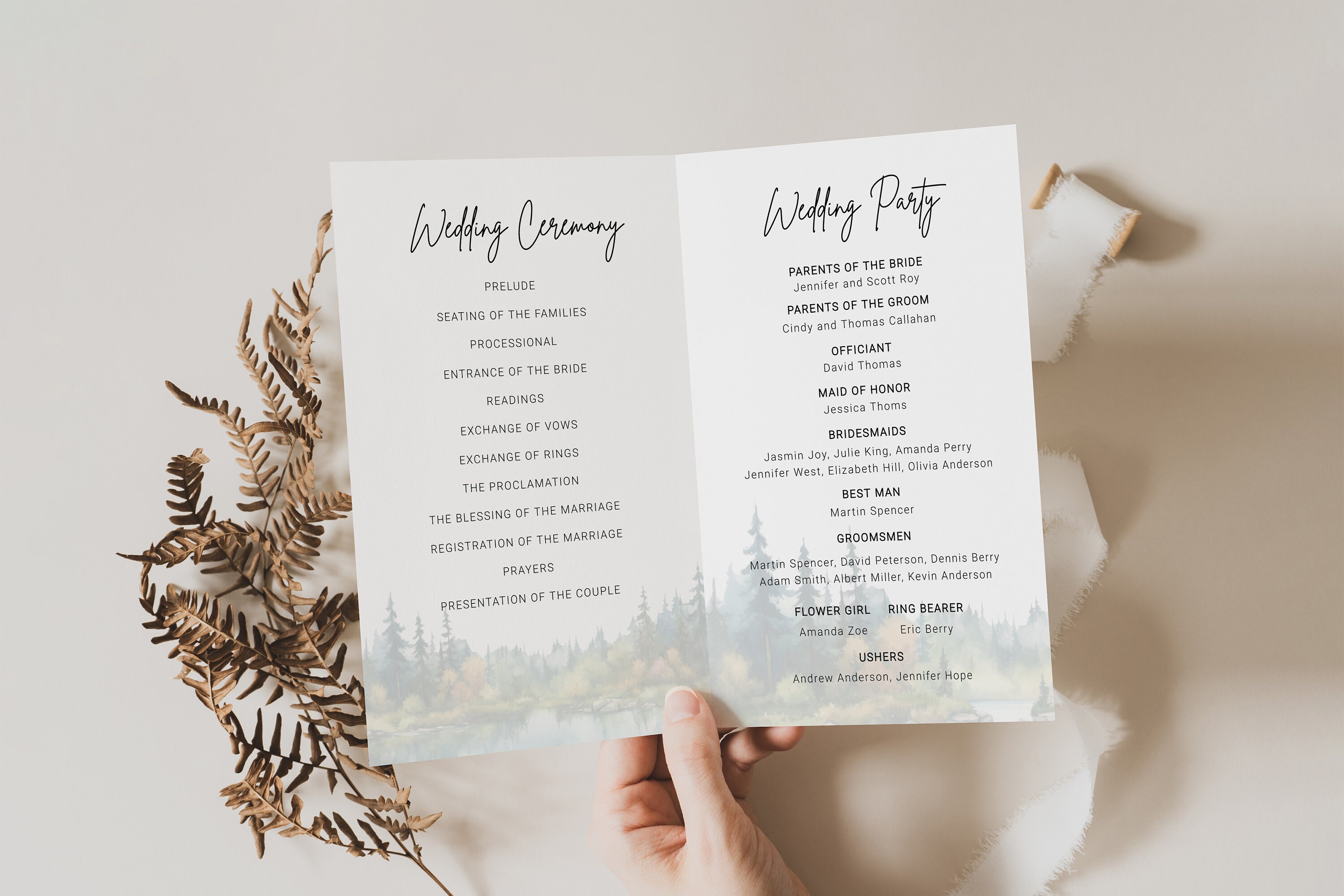Mountain Forest Pine Tree Wedding Program & Timeline Template, Foldable Wedding Program ...
