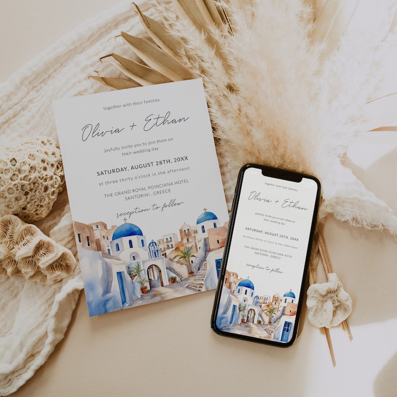 Watercolor Santorini Wedding Invitations Template, QR Code RSVP, Photo ...