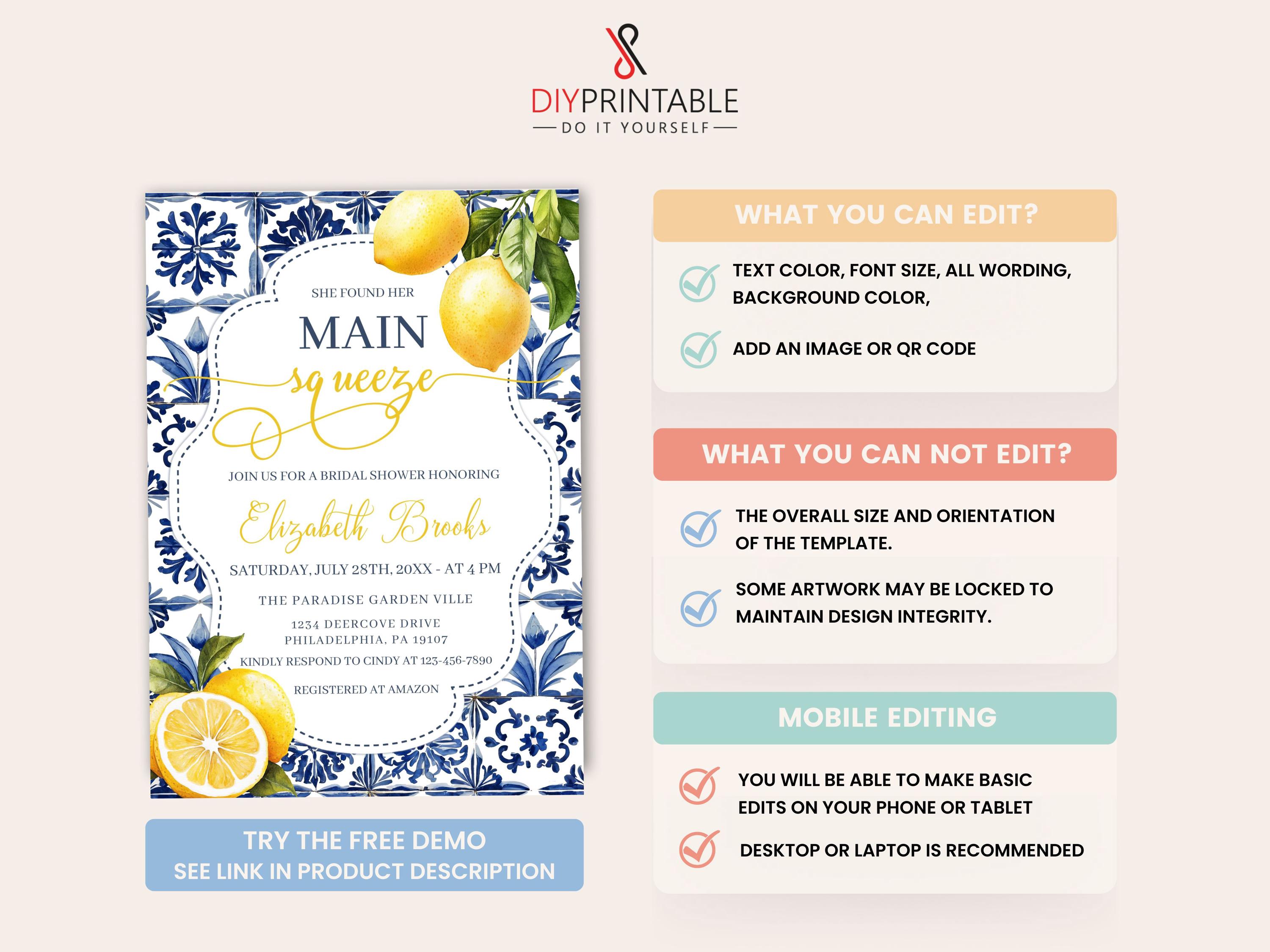Main Squeeze Bridal Shower Invitation Template, Printable Mediterranean ...