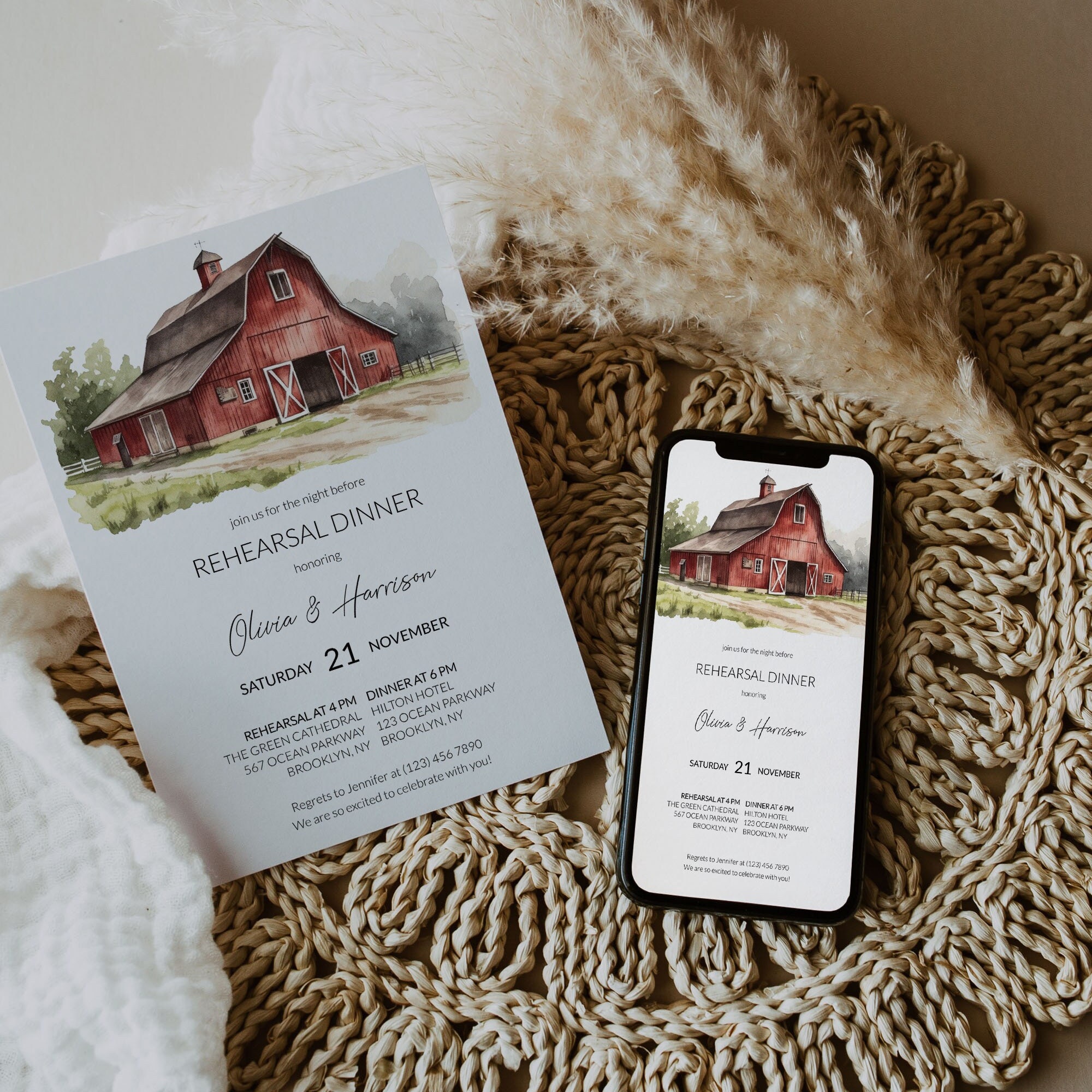 Watercolor Rustic Red Farm Barn Wedding Rehearsal Dinner Invitation ...