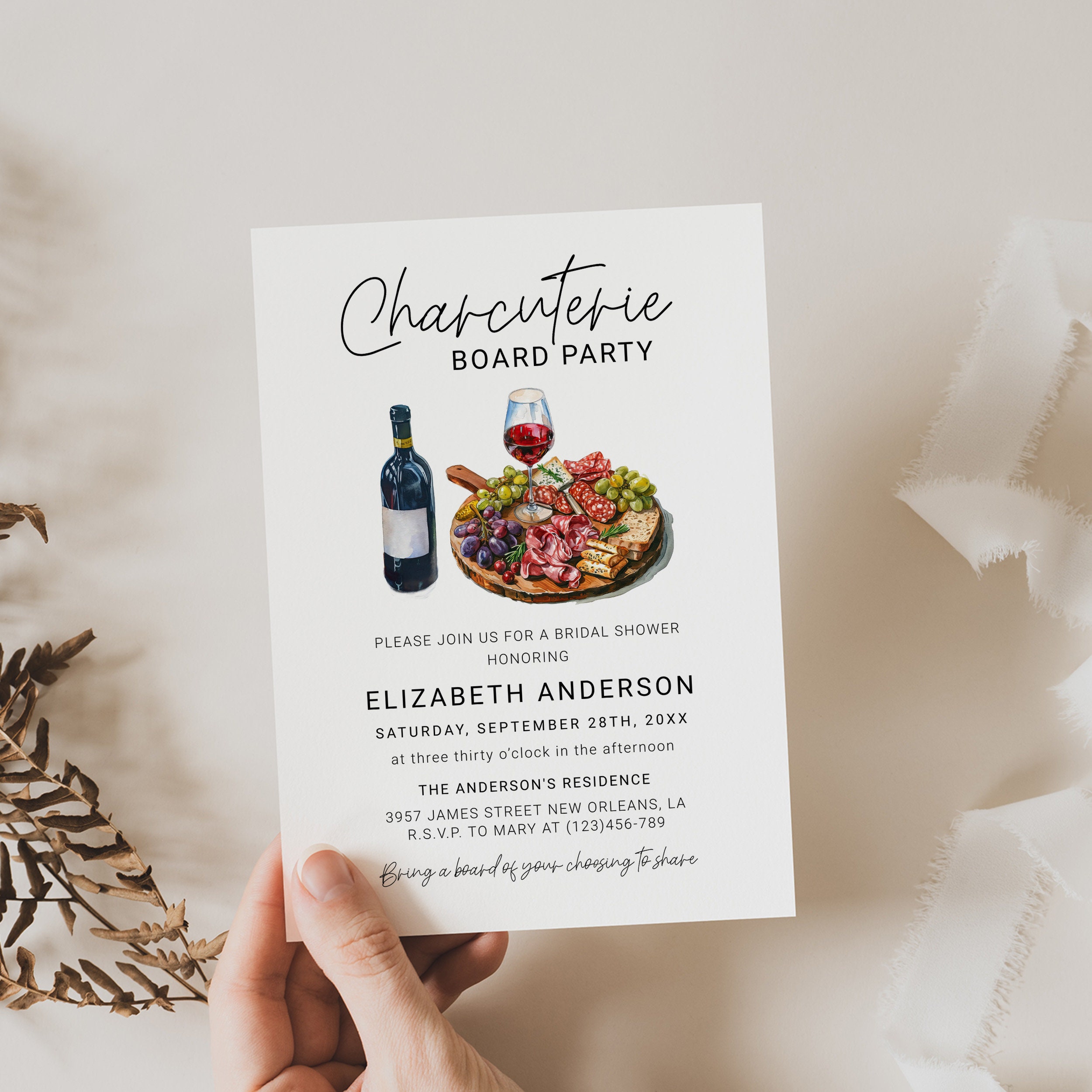 Editable Charcuterie Bridal Shower Invitation Template, Wine Cheese ...