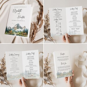 Mountain Forest Pine Tree Wedding Program & Timeline Template, Foldable Wedding Program ...
