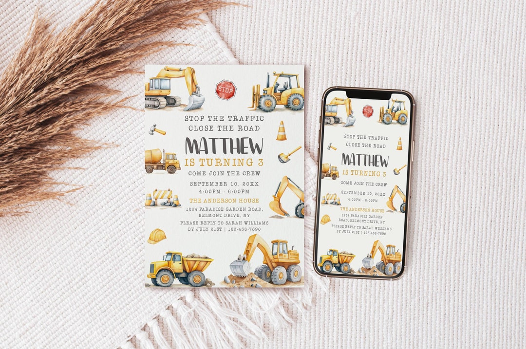 Construction Birthday Invitation Template Editable Boys Party Invite ...