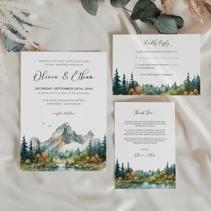 Mountain Forest Pine Tree Wedding Invitation Set Template, Details & RSVP Card, Photo Wedding ...