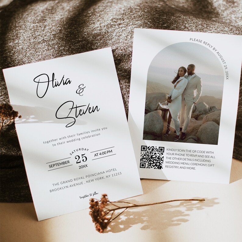Minimal Elegant Calligraphy Script QR Code Wedding Invitation, Arched ...