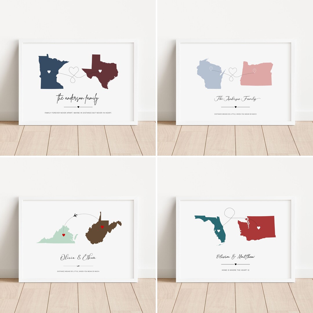 Any US STATE MAPS Wall Art Poster, Printable Long Distance Two State ...