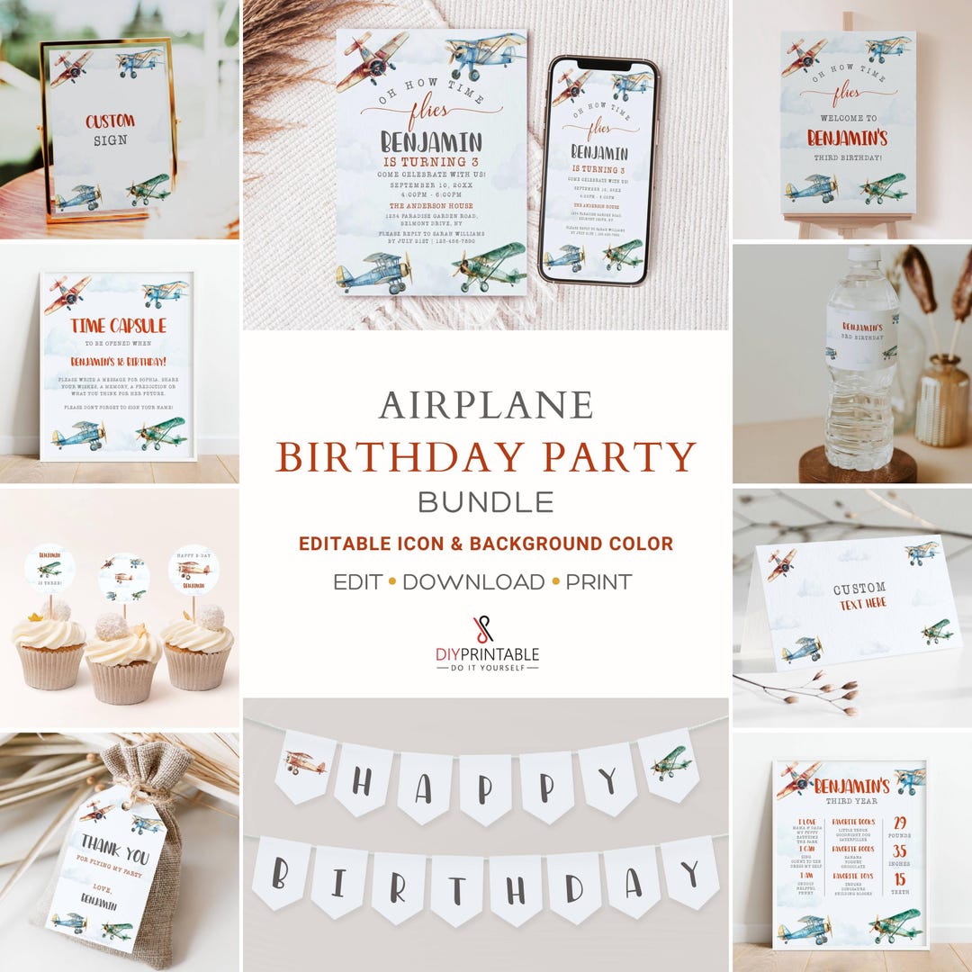 Airplane Birthday Invitation Bundle Template, Time Flies Birthday ...