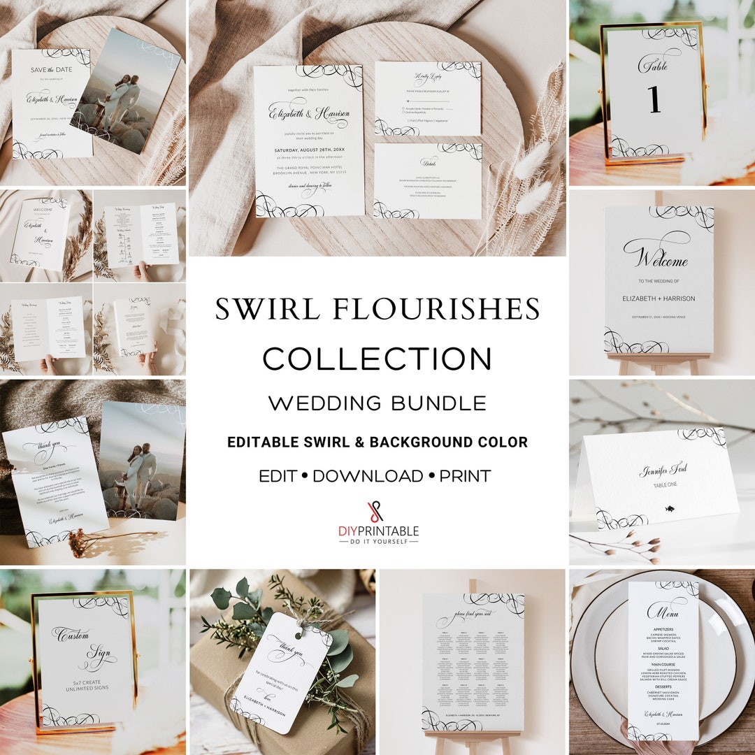 SWIRLS WEDDING BUNDLE Template, Printable Swirls Flourishes Wedding ...