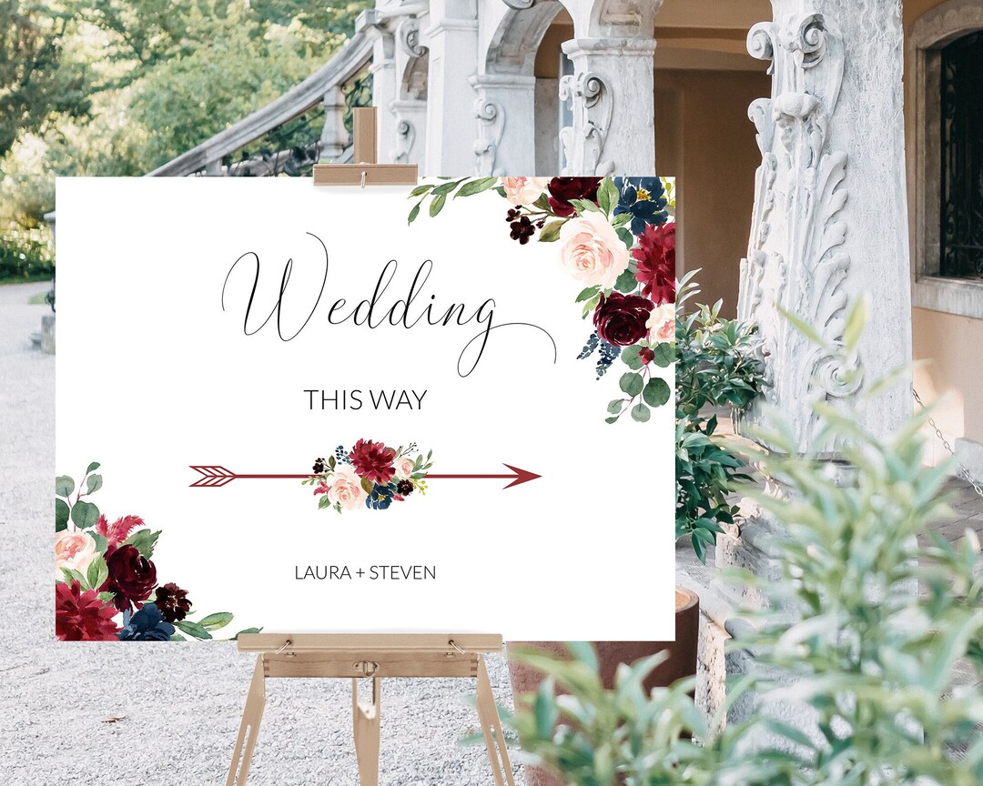 Burgundy & Blush Pink Floral Wedding Direction Arrow Sign Template, Wedding This Way Sign, 20x16 ...
