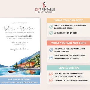 LAKE COMO Wedding Invitation Template Printable Lake Como Italy Wedding ...