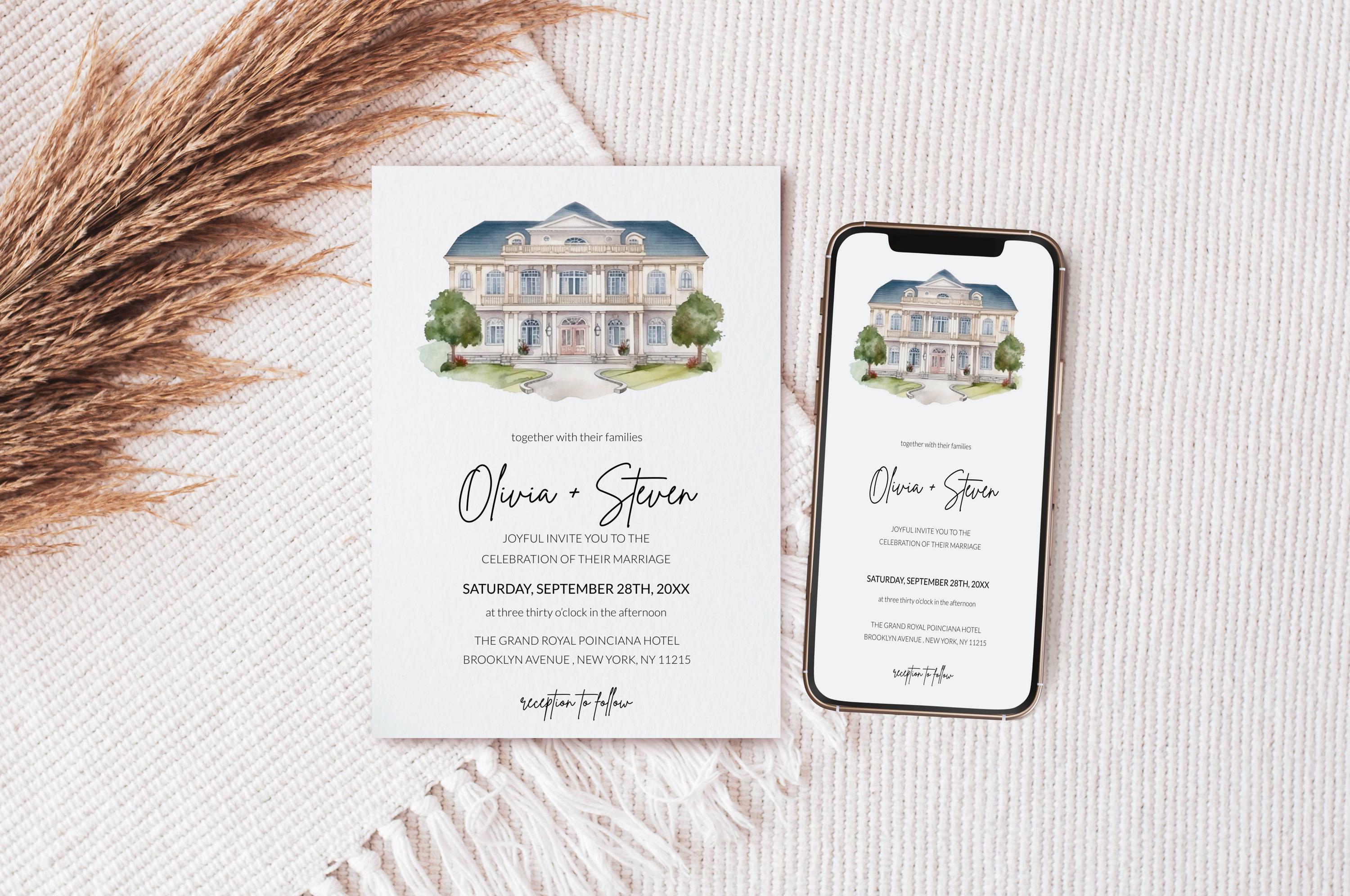 Watercolor Venue Wedding Invitation Template With QR Code RSVP and ...