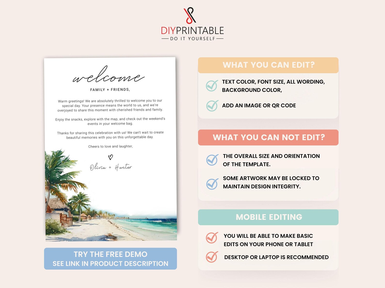 CANCUN Wedding Welcome Letter Template With Icons, Mexico Tropical Palm ...