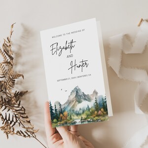 Mountain Forest Pine Tree Wedding Program & Timeline Template, Foldable Wedding Program ...