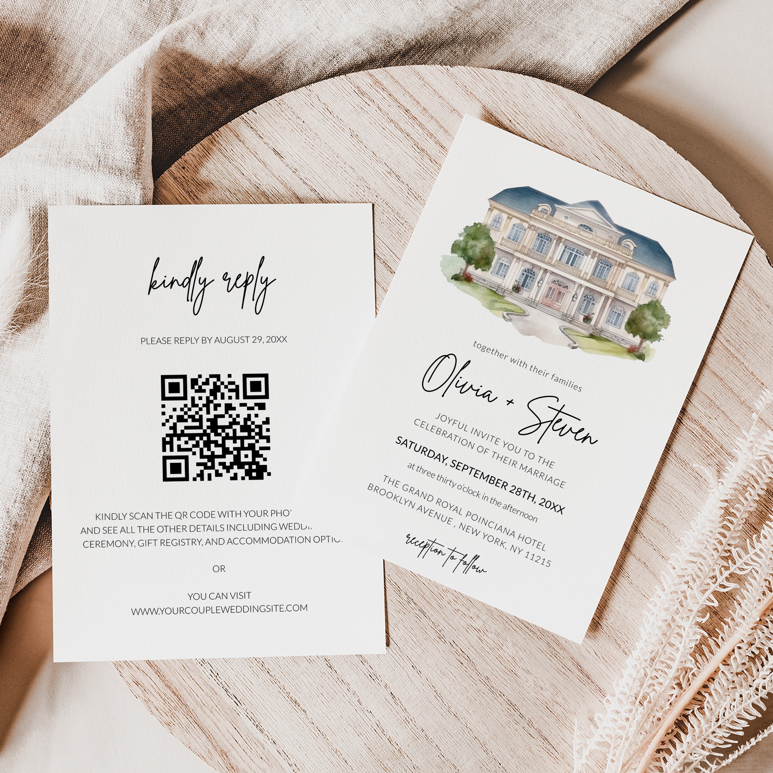 Watercolor Venue Wedding Invitation Template With QR Code RSVP and ...