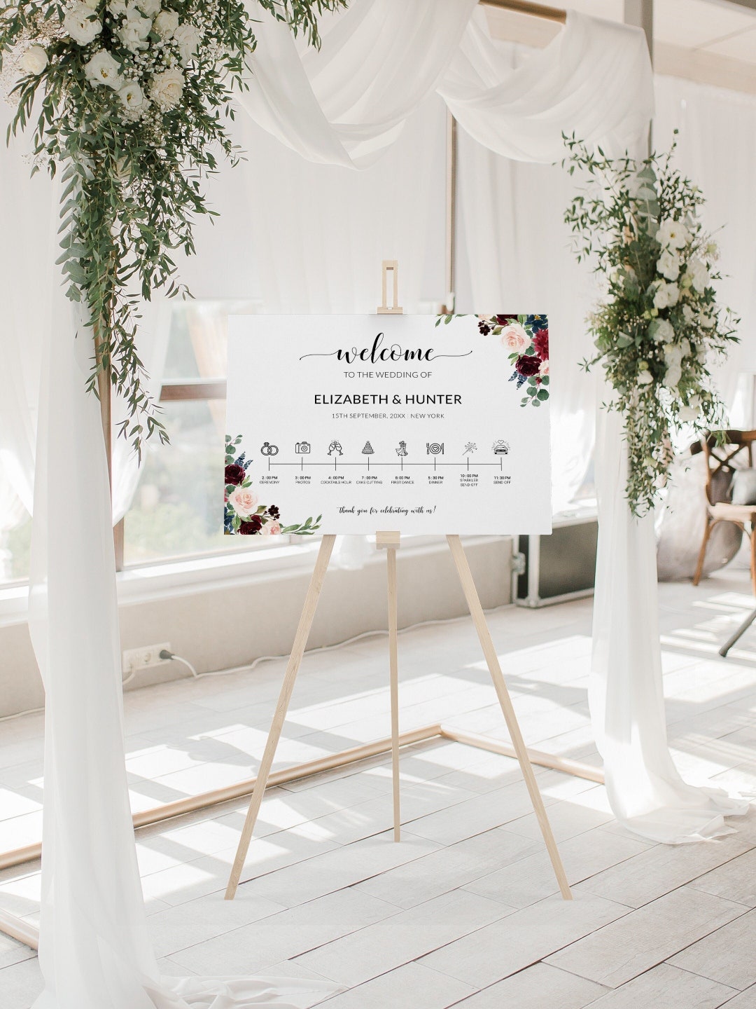 Floral Wedding Timeline Sign Template With Icons, Order of Events Sign ...