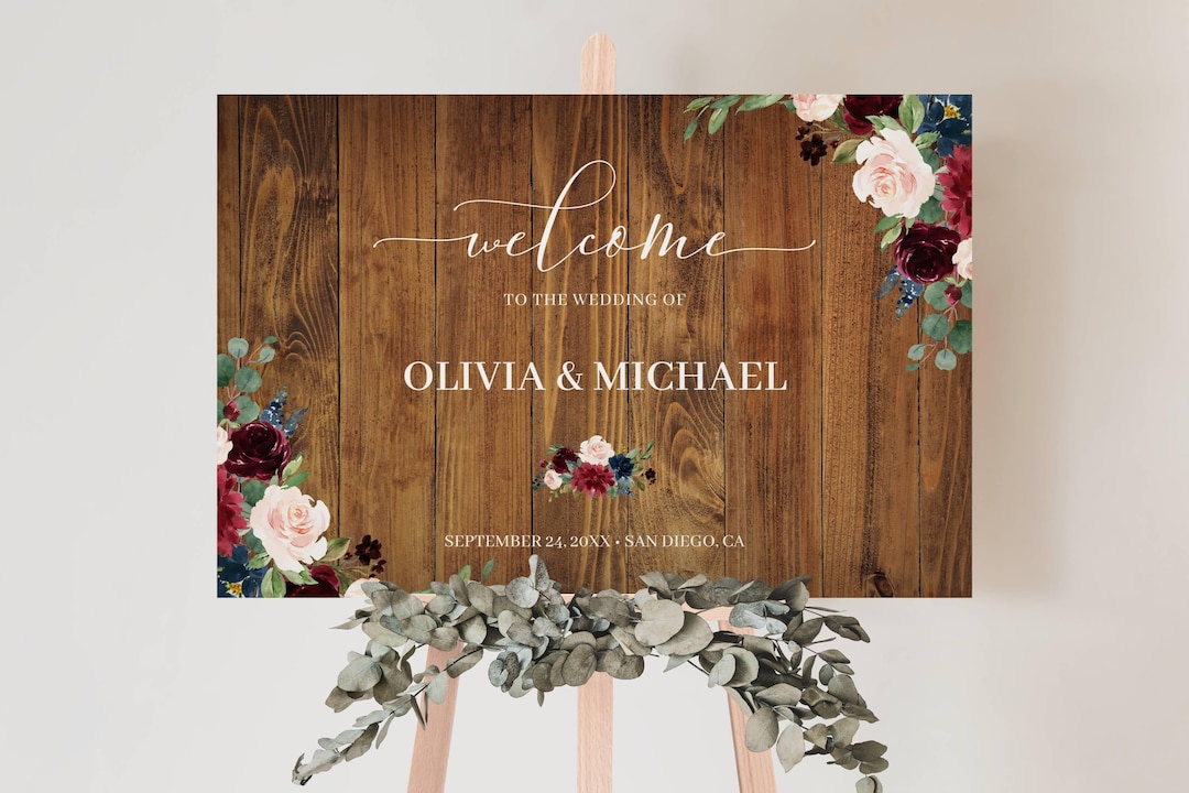 Rustic Barn Wood Wedding Welcome Sign Template, Personalized Burgundy ...
