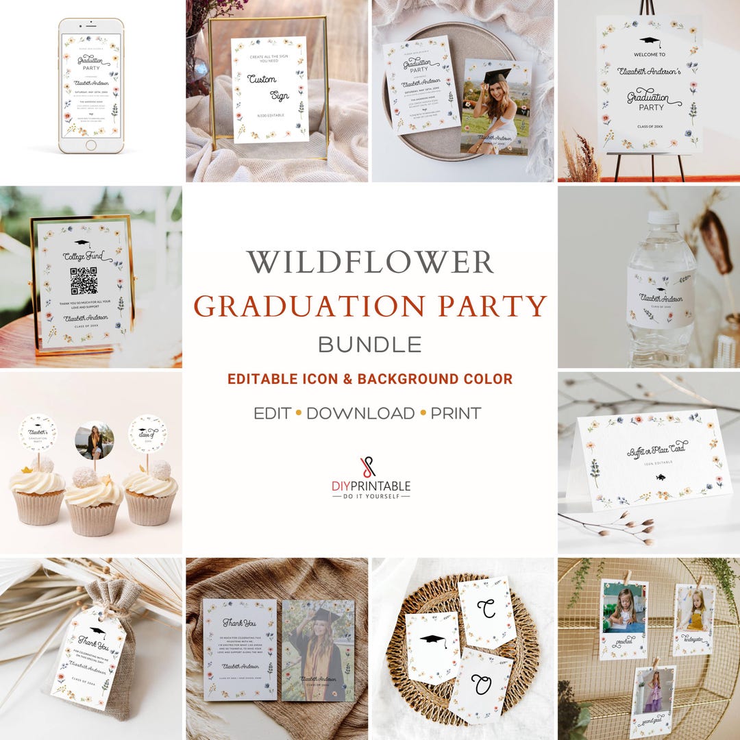 Wildflower Graduation Party Bundle Template, Editable Congrats Graduate ...