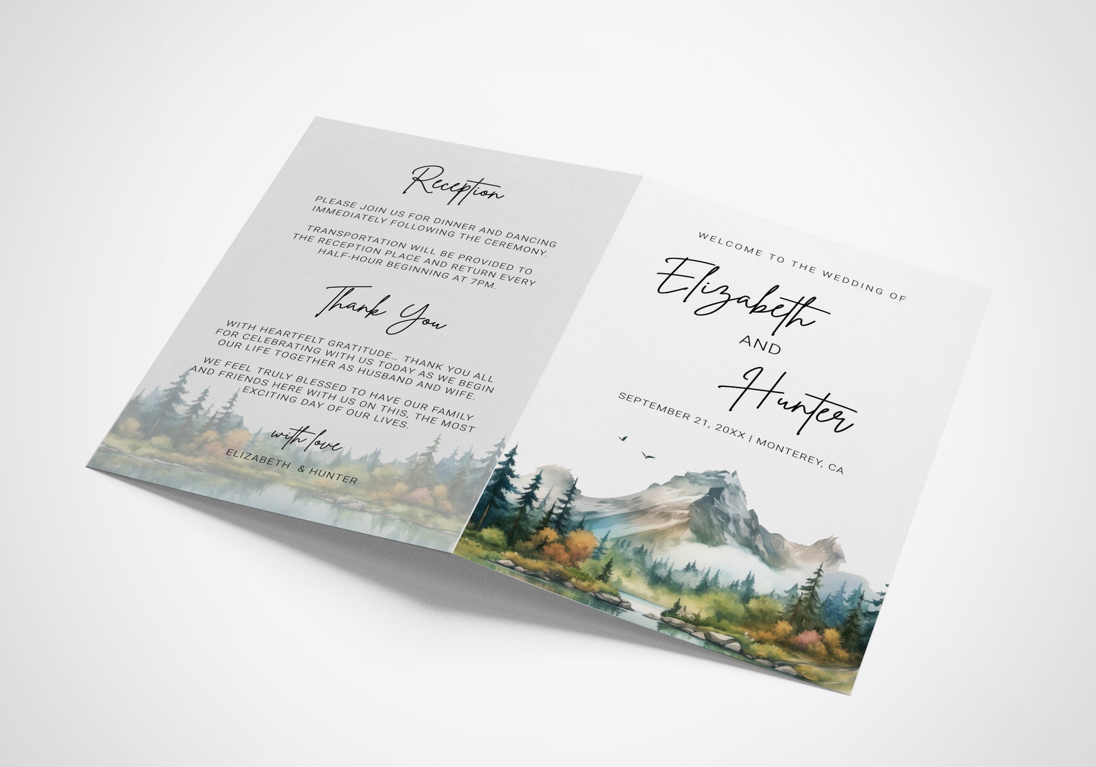 Mountain Forest Pine Tree Wedding Program & Timeline Template, Foldable Wedding Program ...