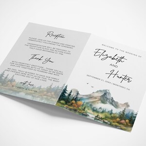 Mountain Forest Pine Tree Wedding Program & Timeline Template, Foldable Wedding Program ...
