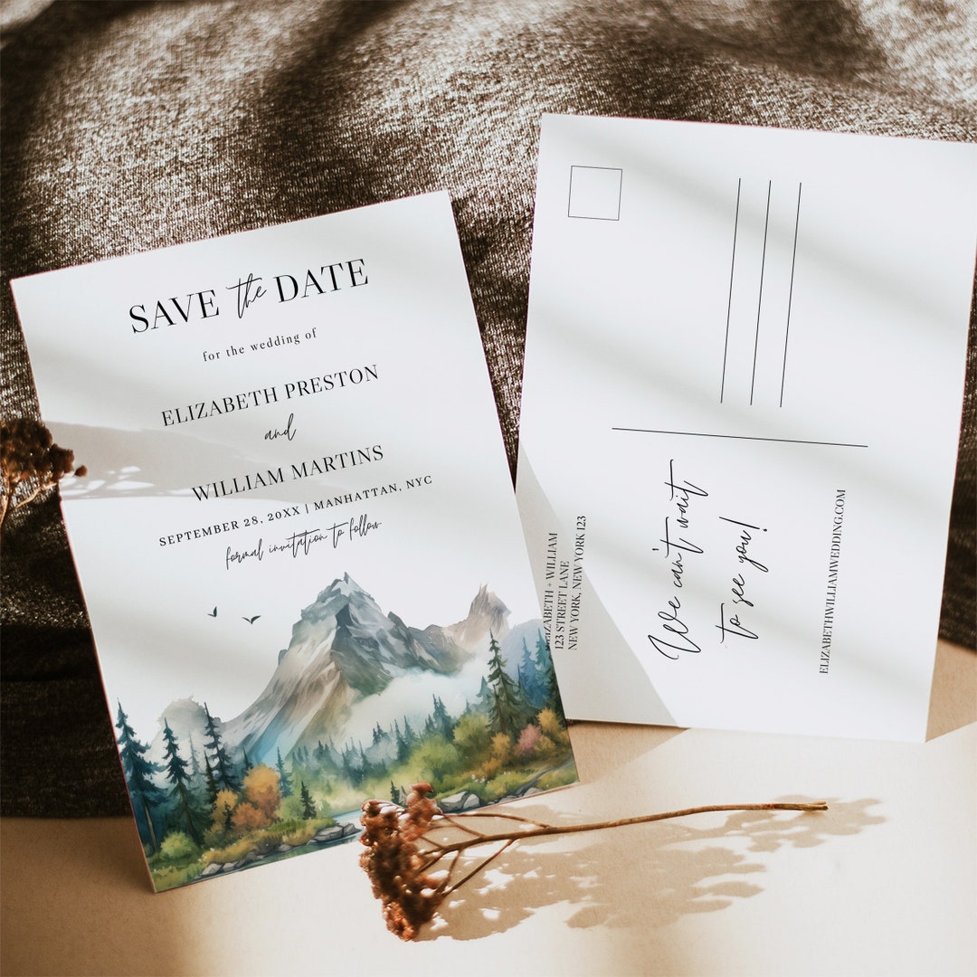MOUNTAIN Forest Evergreen Save the Date Template, Mountain Postcard ...