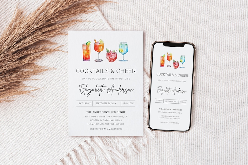 Editable Cocktails and Cheer Invitation Template, Bridal Shower ...