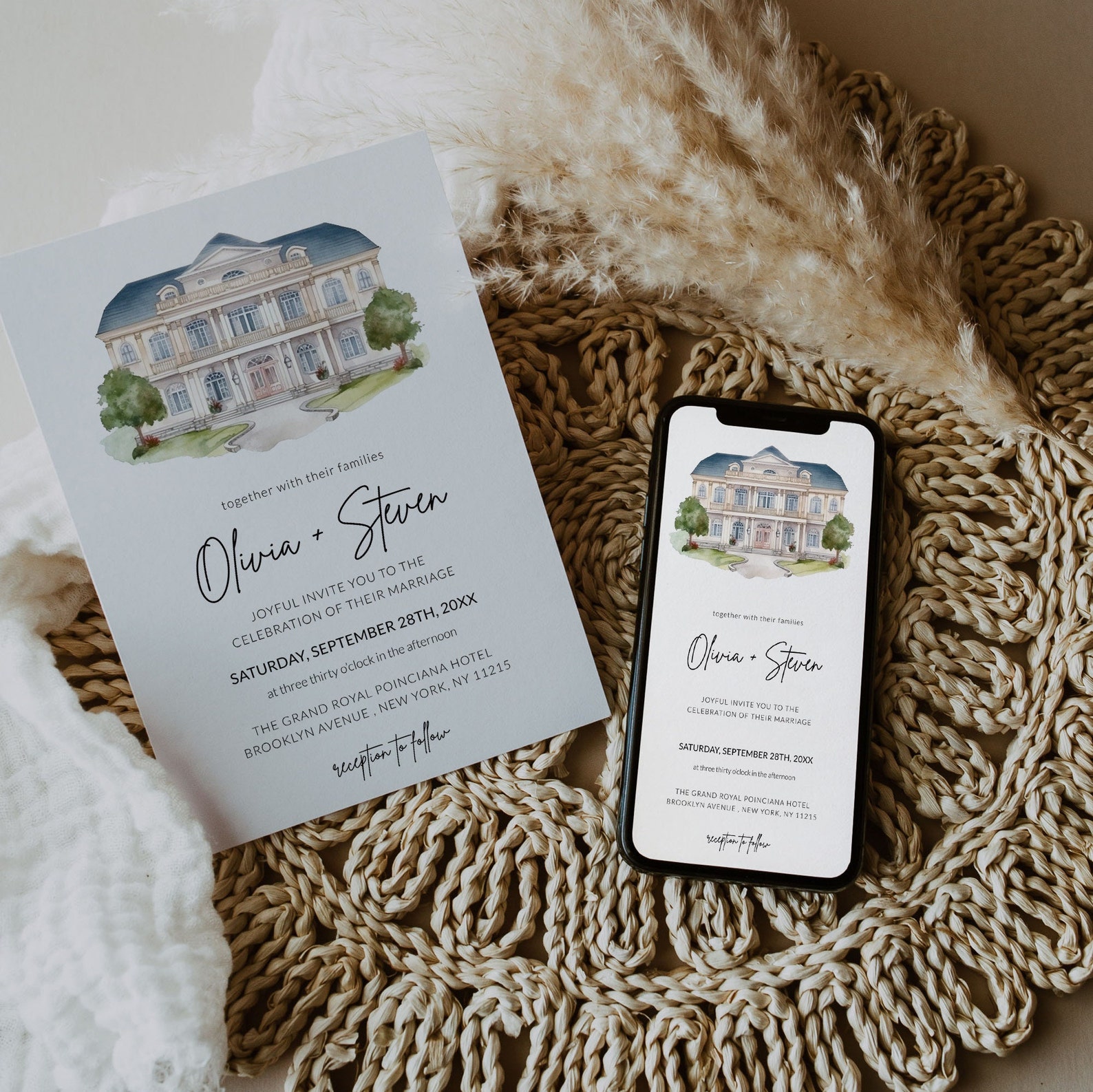 Watercolor Venue Wedding Invitation Template With QR Code RSVP and ...