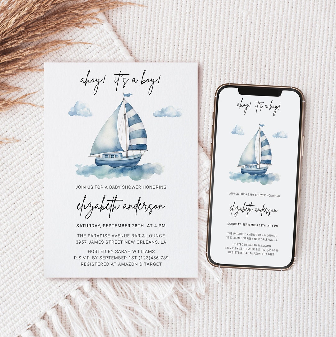 Sailboat Baby Shower Invitation Template, Ahoy It's a Boy, Nautical ...