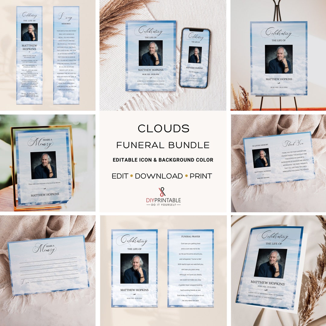 Blue Sky Clouds Funeral Template Bundle, Memorial Stationery Set ...