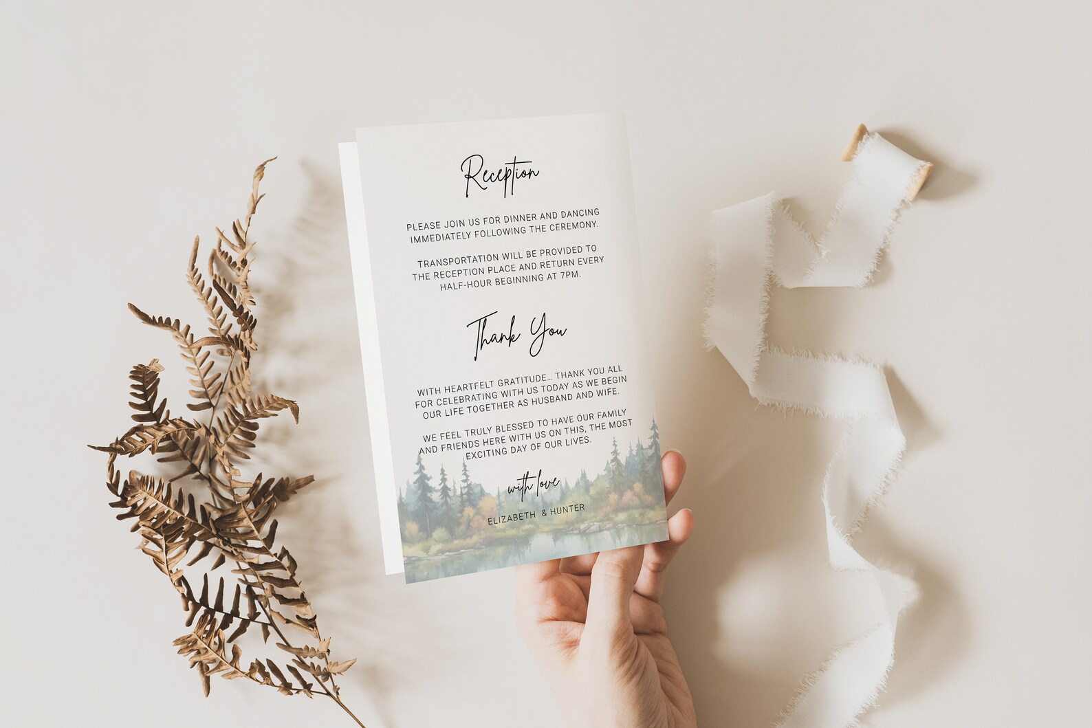 Mountain Forest Pine Tree Wedding Program & Timeline Template, Foldable Wedding Program ...