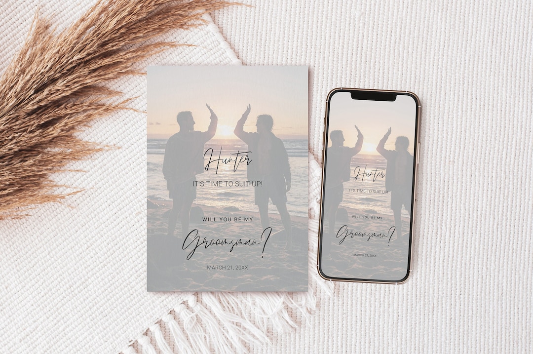 Delicate Faux Vellum Effect Photo Groomsman Card Template, Suit up Card ...