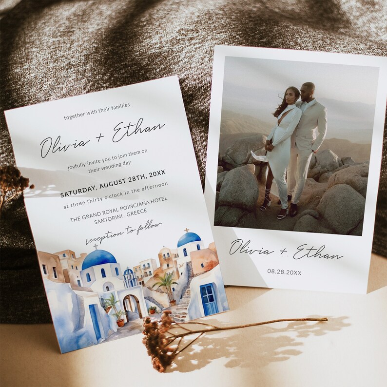 Watercolor Santorini Wedding Invitations Template, QR Code RSVP, Photo ...
