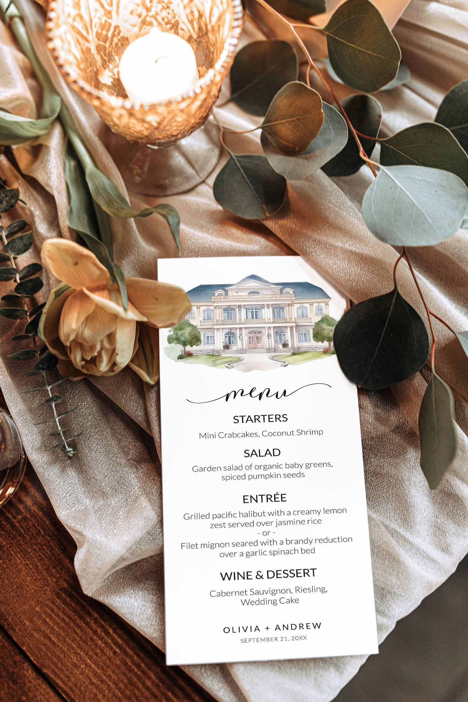 Delicate Watercolor Venue Wedding Menu Card Template, Watercolor Venue ...