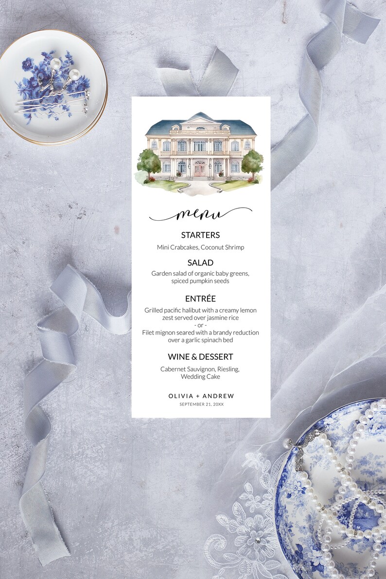 Delicate Watercolor Venue Wedding Menu Card Template, Watercolor Venue ...