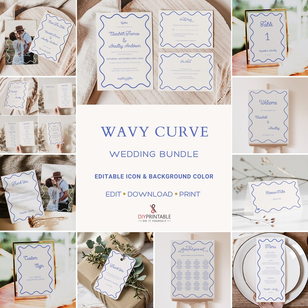 WAVY WEDDING BUNDLE Template, Printable Curve Wedding Bundle, Full ...